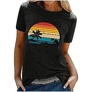 wodceeke Women's Retro Beach Print T-shirt Short Sleeve Round Neck Basic Tee Summer Casual Sports Tops (Black, XXL)