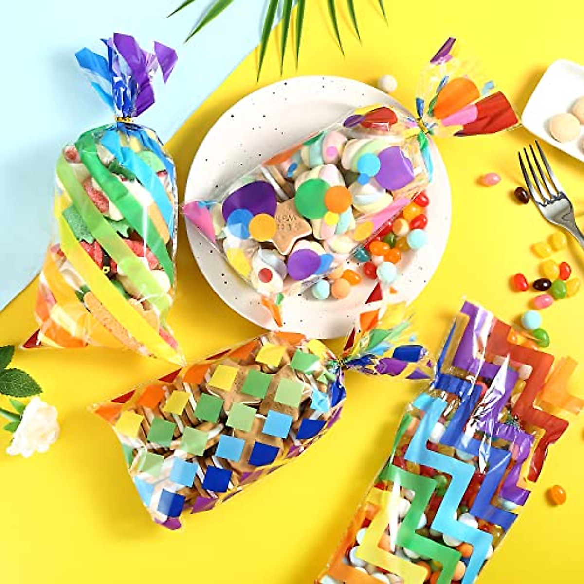 Kesote Rainbow Cellophane Treat Bags, 100 Pieces Printed Plastic Gift Goodie Candy Treat Bags with Ties for Summer Kids Birthday Party Favor Supplies