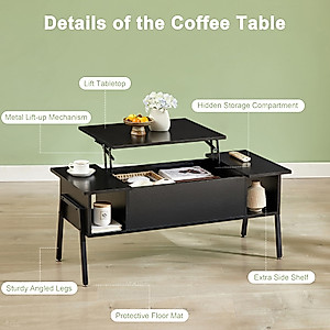 VECELO Wood Lift Top Coffee Table with Hidden Compartment and Storage Shelf for Living Room/Office Reception, Rising Tabletop, Black