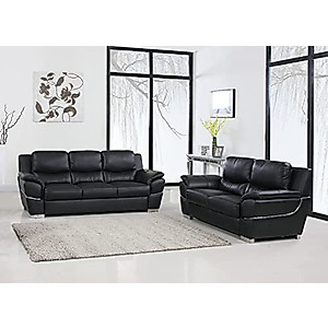Blackjack Furniture Binion Modern Leather Loveseat for Living Room with Padded Headrests, Stainless Steel Legs & Accent Chrome Trim, Black