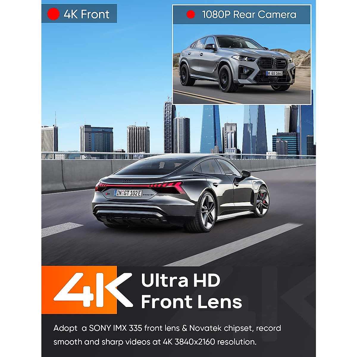 Dash Cam Front and Rear 4K+1080P WiFi Dash Camera for Cars with App, 24 Hours Parking Mode, G-Sensor, Loop Recording, Support 256GB Max