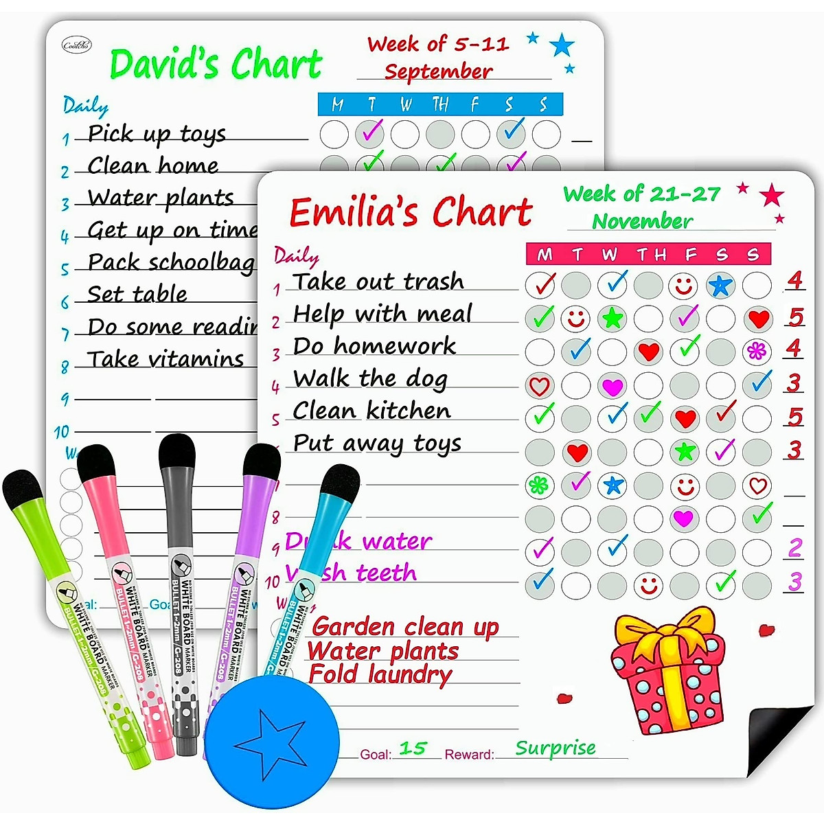 2 Pcs Chore Chart for Kids Multiple Kids with 5 Magnetic Markers & Star Eraser- Behavior Reward Chart - Fridge Weekly Schedule White Board - Teens Adults Family - Home School Responsibility Planner