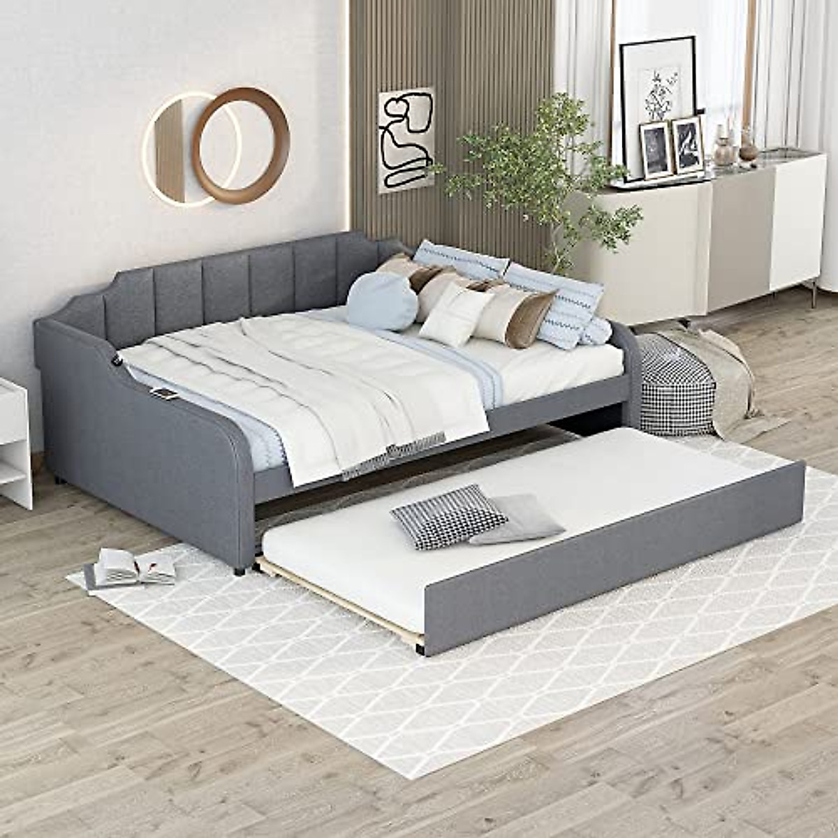 Upholstered Daybed with Pop Up Trundle, Full Size Daybed with Trundle and USB Charging Design, Trundle can be Flat or Erected, Extendable Daybed Frame for Kids Teens (Grey,Full)