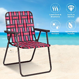 6 PCS Folding Lawn Chairs Set, Portable Outdoor Patio Chairs w/Stable Metal Frame & Armrests, Webbed Folding Beach Chairs Set for Lawn Patio Garden Backyard (Red)
