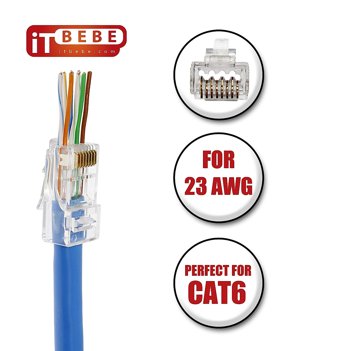 ITBEBE 100 Pieces - Gold Plated RJ45 Cat6 Cat6a Pass Through Connector for 23 AWG Cables