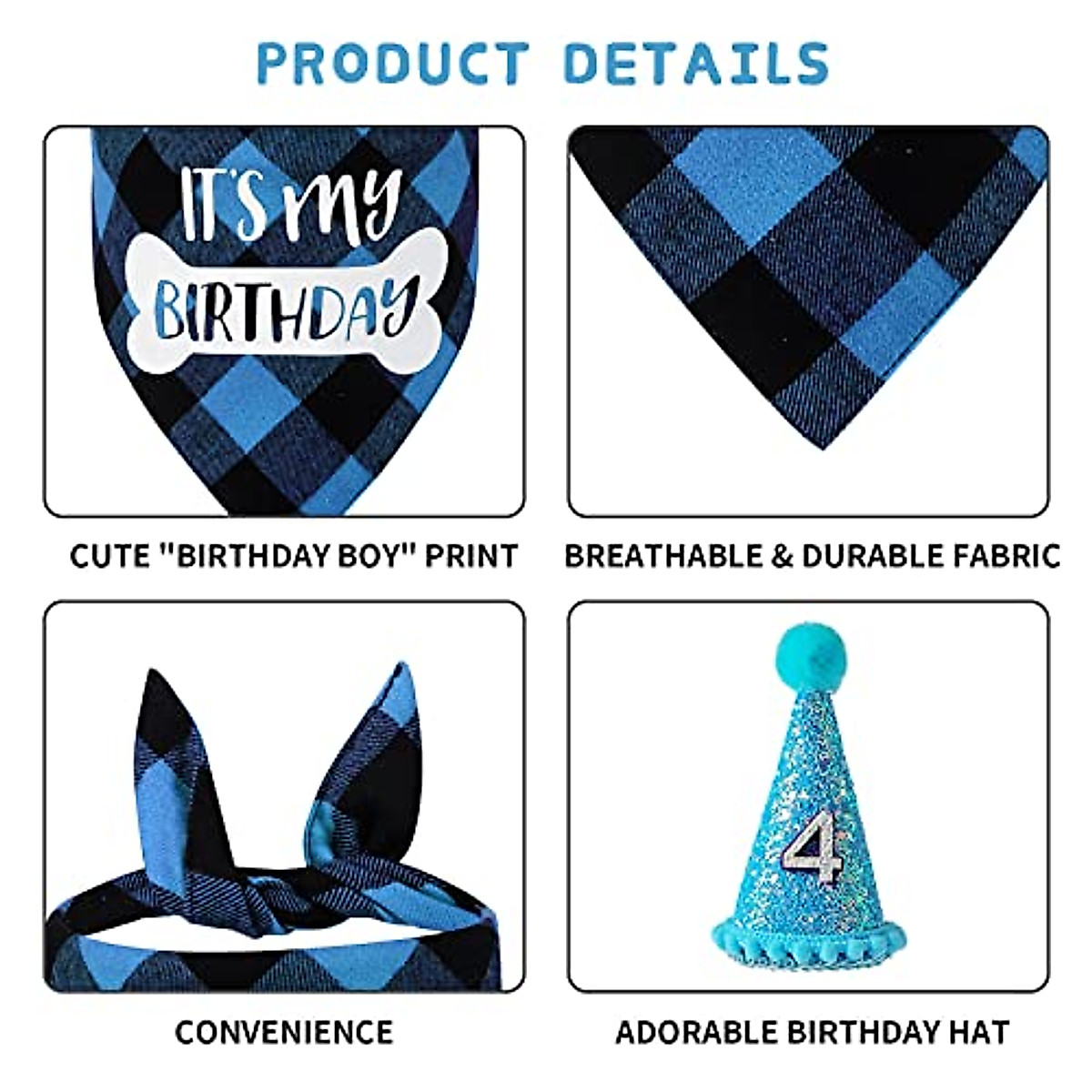 AIITLE Dog Birthday Bandana, Plaid Scarf and Reusable Dog Boy Birthday Party Hat with Number, Small Medium Dog Cat Pet Birthday Party Supplies Blue