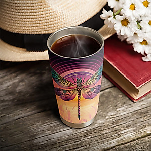 ORCAE 20oz Colorful Hippie Dragonfly Tumbler, Gifts for Dragonfly Lovers, Coffee Thermos for Women, Stainless Steel Double Wall Vacuum Insulated Coffee Mug, Travel Cup with Lid - B