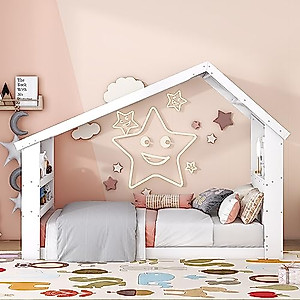 MERITLINE Twin House Bed for Kids Montessori Floor Bed with Roof Window, LED Light, No Box Spring Needed, for Girls Boys (Twin Size, White)