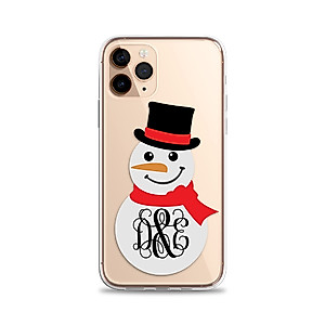 Case Charming Christmas Case for iPhone 15 14 Pro Max 13 mini 12 11 XS XR X 10S 10R 10 8 Plus 7 SE Personalized Custom Monogram Clear Initials Transparent See Through Rubber with Design Snowman