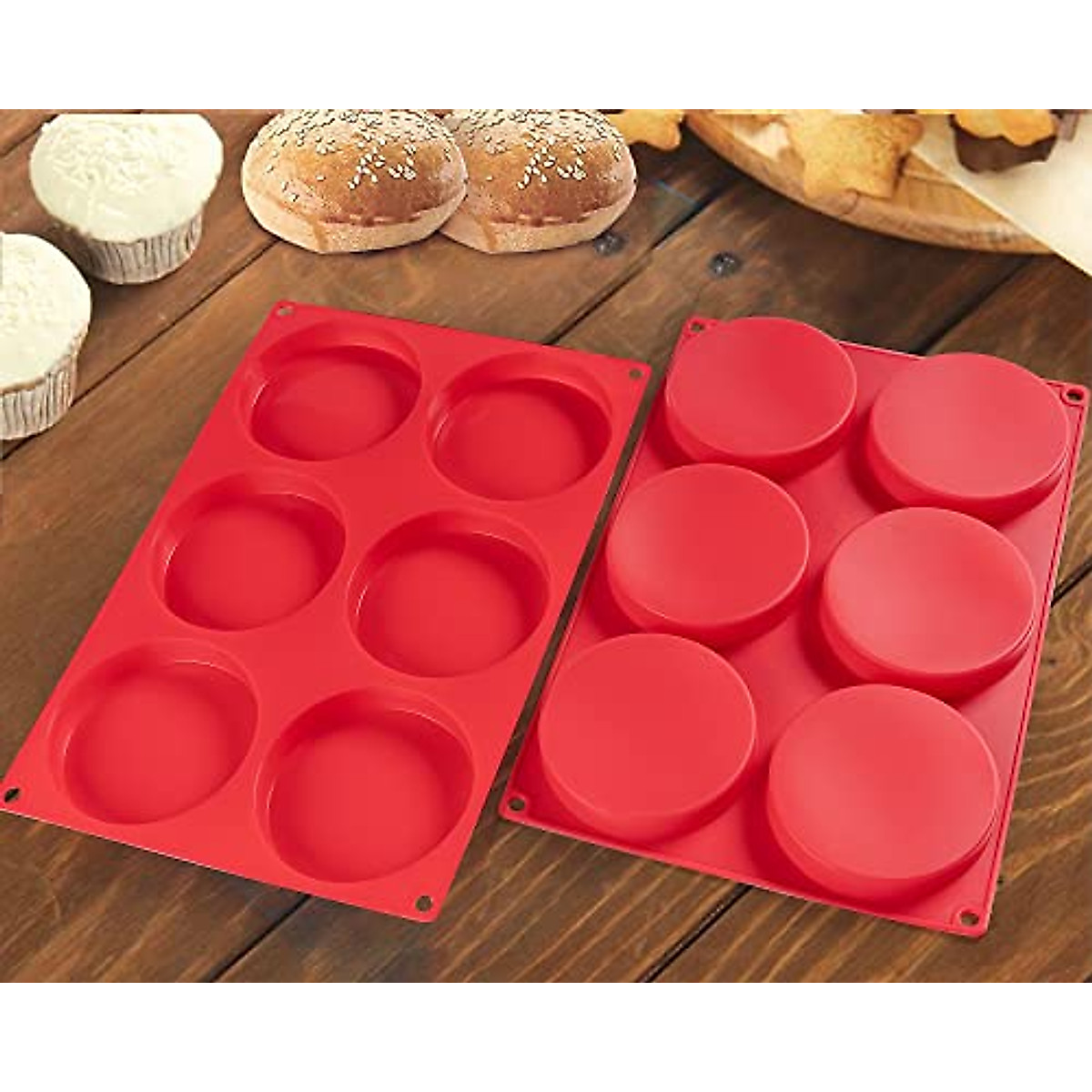Hamburger Bun Molds 2 Pack Silicone Baking Pans, 4 Inch Muffin Top Pan Egg Sandwish Mold Small Layer Cake Molds Round Disc Pan for Mini Cake, Jumbo Muffin Top, Bun, Custard, Tart, Resin Coaster