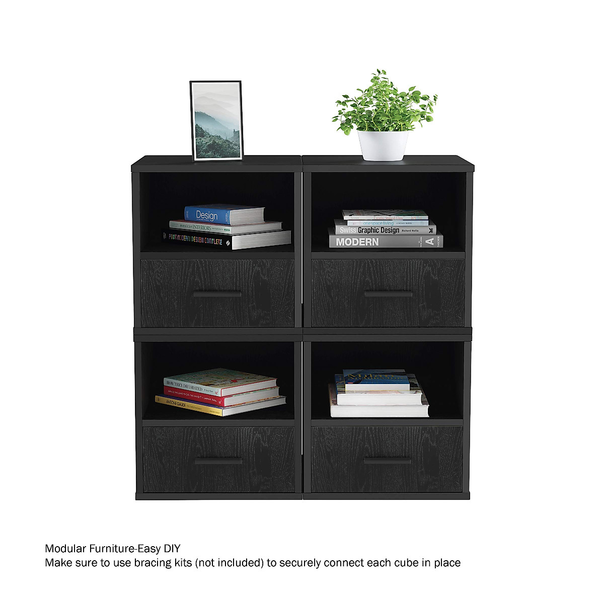 Lavish Home End Table - Stackable, Contemporary, and Minimalist Modular Cube Accent Table with Drawer - for Bedroom, Living Room, or Office (Black)