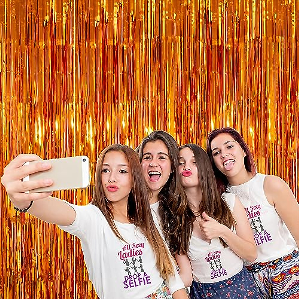 2 Pack 3.2x8.2ft Tinsel Foil Fringe Curtains, Streamers Backdrop Curtains with Adhesive, Photo Booth Background - Home Wall Window Decorations for Birthday, Wedding Party Decor, Orange