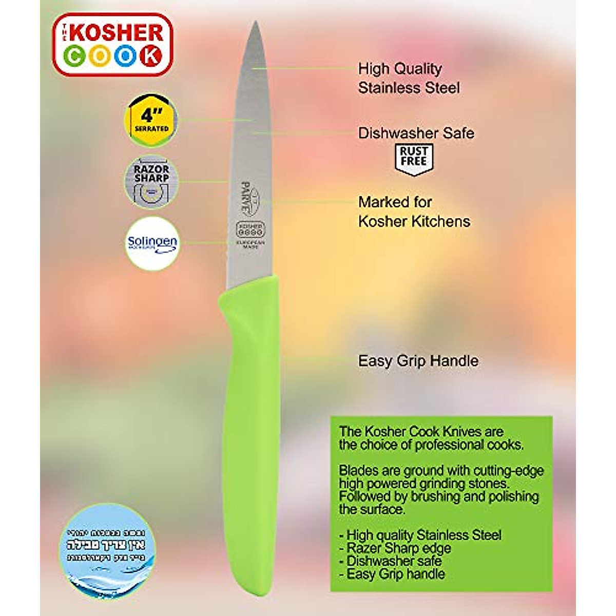 The Kosher Cook Parve Green Kitchen Knife - 4” Steak and Vegetable Knife - Razor Sharp Pointed Tip, Serrated Edge - Color Coded Kitchen Tools