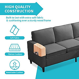 CECER Sectional Sofa, Convertible Couch, L-Shaped Couch with Storage Ottoman, Linen Fabric 3-seat Couches with Movable Ottoman, Chasie Lounge for Small Space-Apartment/Living Room (Dark Grey)