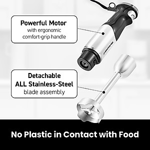 Elite Gourmet EHB1062 Variable Step-less Speed Immersion Hand Blender 500 Watts with Turbo, Stainless Steel Blades, Pressure Controlled Stick Mixer, Sauces, Soup, Smoothies, Baby Food, Stainless Steel