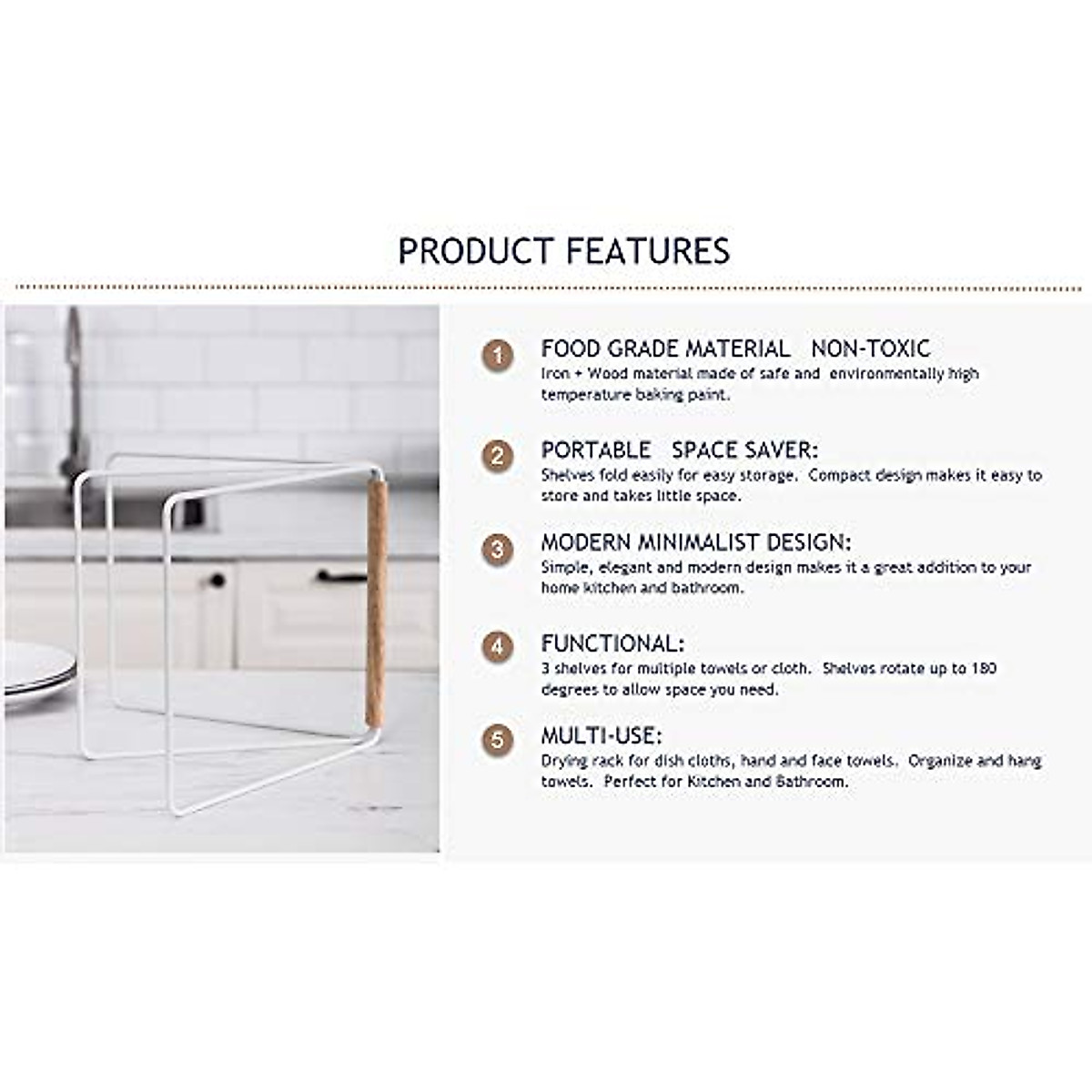 siyue Folding Countertop Dishcloth Drying Rack, 3 Arm Dish Cloth Rag Towel Rack, Minimalist Designed Dishcloth Hanging Rack Organizer, White