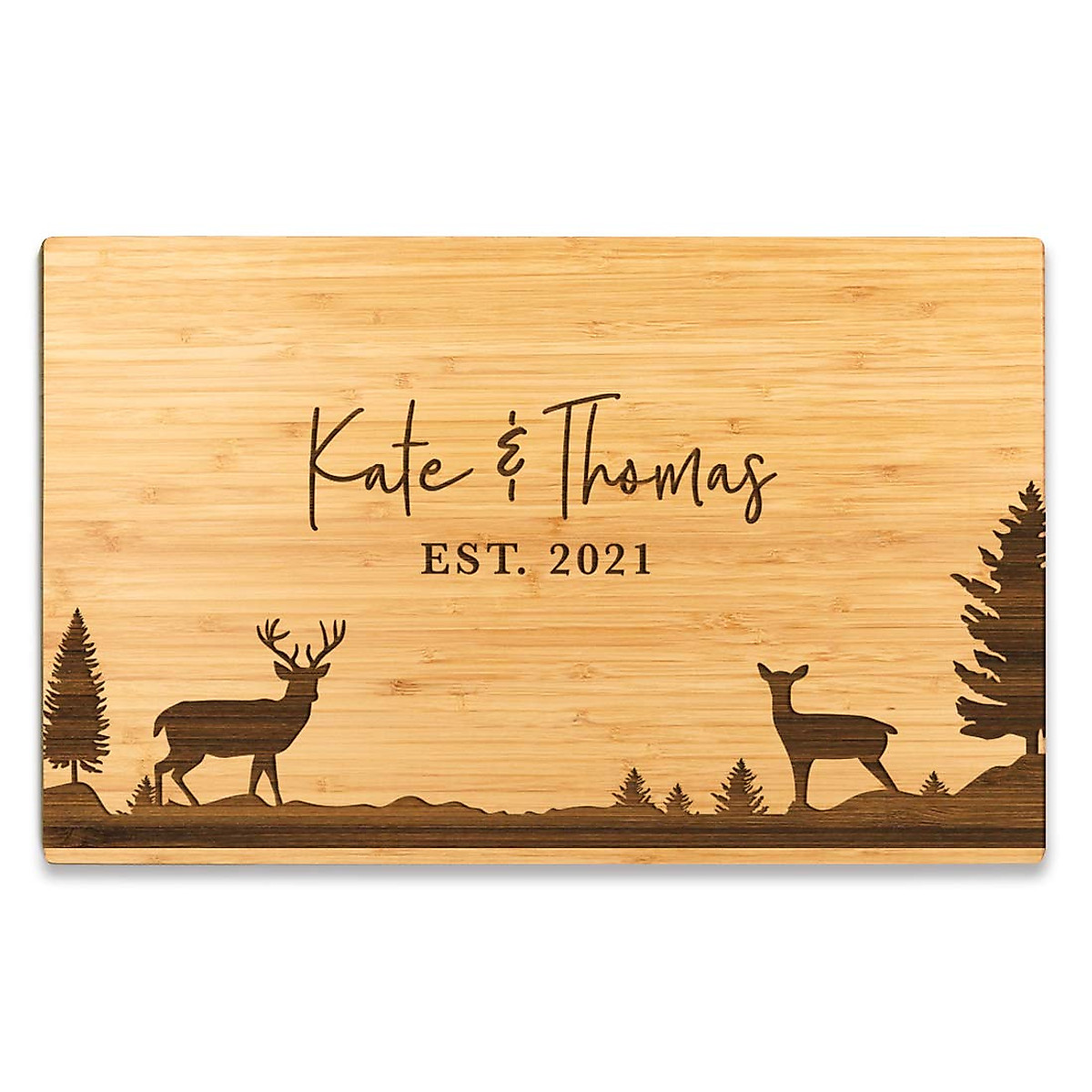 Andaz Press Personalized Large Bamboo Wood Cutting Board Gift, 17.75 x 11-inch, James & Emma, Est. 2024, Rustic Deer Forest, 1-Pack, Custom Engraved Serving Chopping Board Christmas