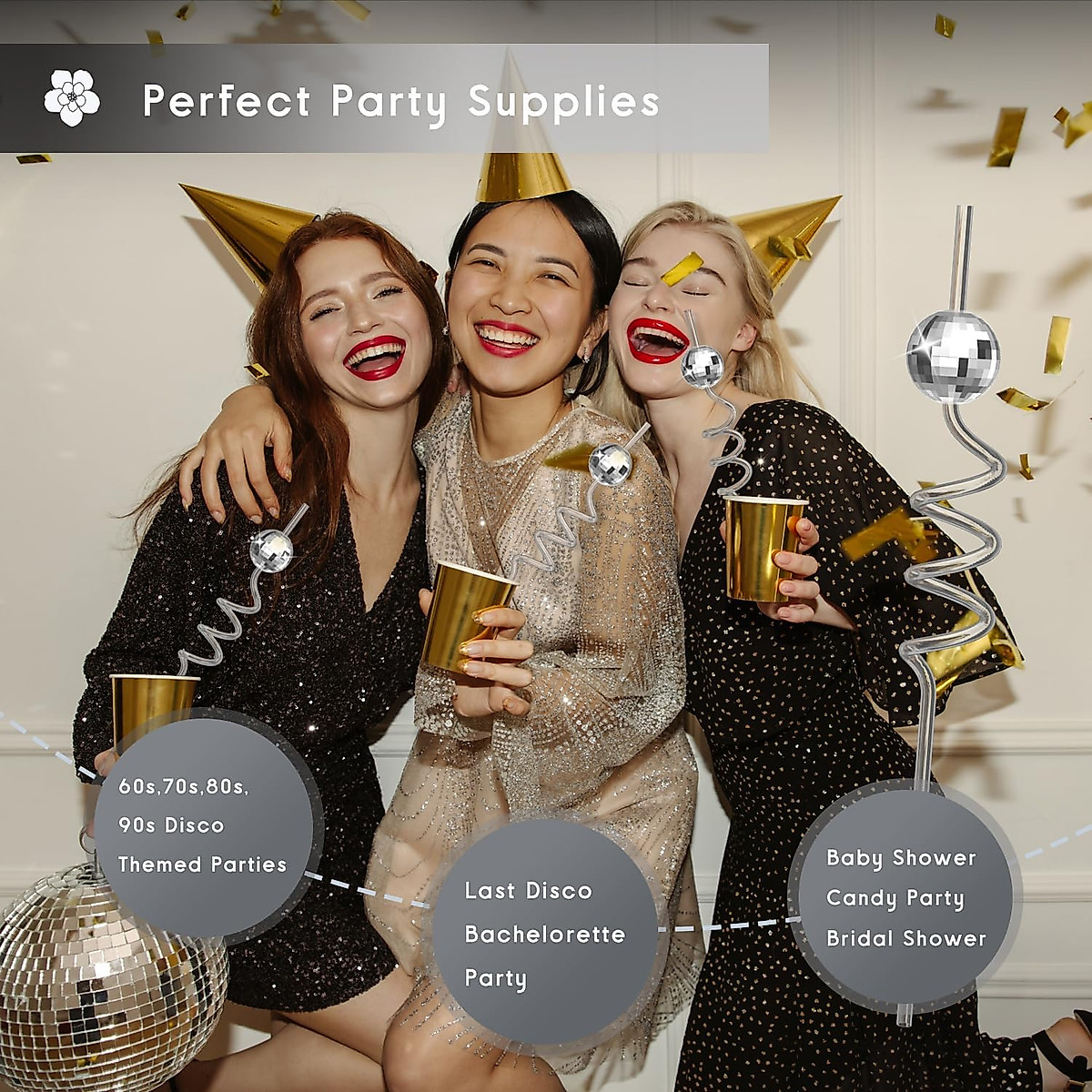 16PCS Disco Party Decorations, Mini Disco Ball Decor Reusable Straw, 70s Disco Ball Straws for Bachelorette Party Decorations Birthday Supplies (Silver)