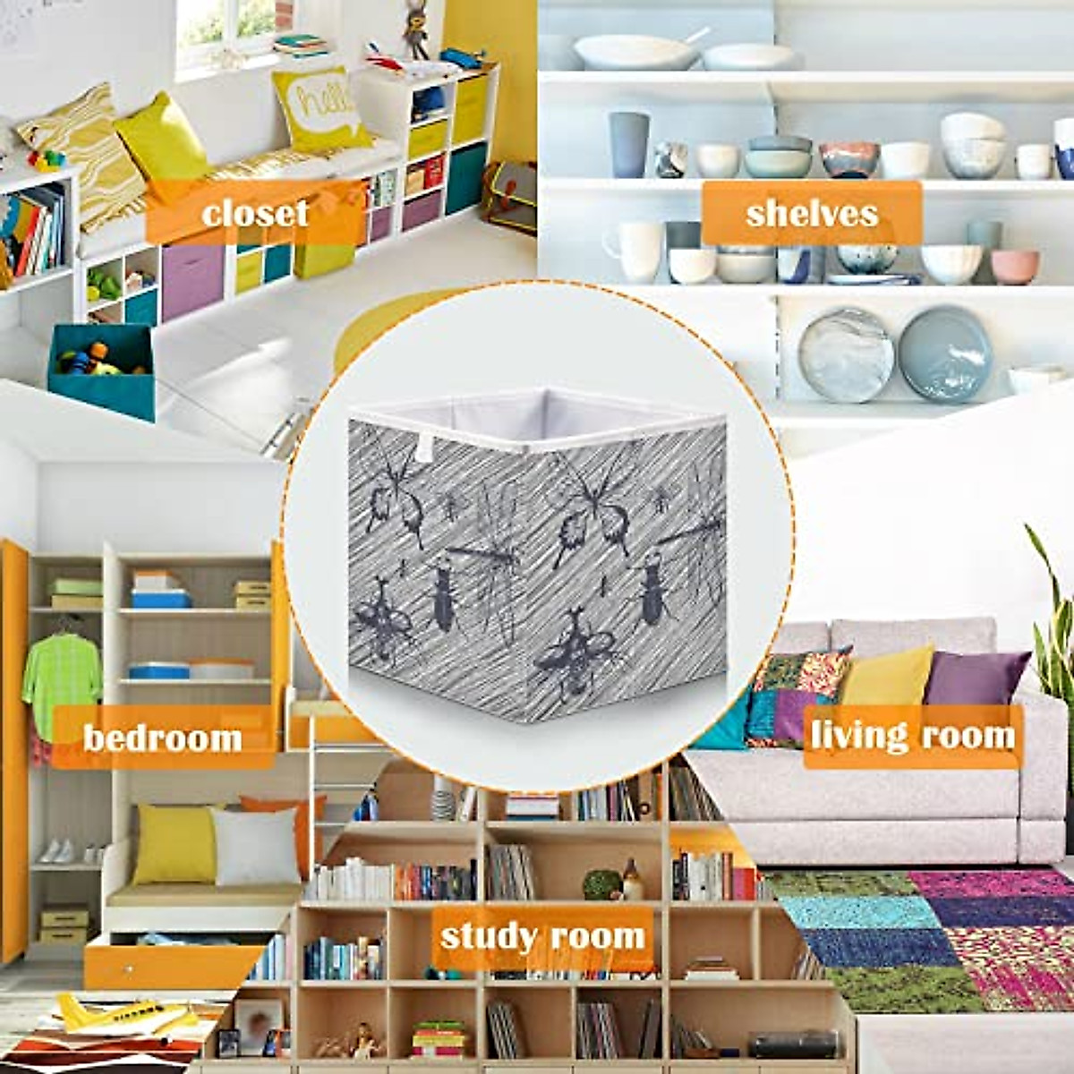 WELLDAY Storage Basket Dragonfly Butterfly Insect Grey Foldable 11 x 11 x 11 in Cube Storage Bin Home Decor Organizer Storage Baskets Box for Toys, Books, Shelves, Closet, Laundry, Nursery