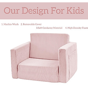 Kids Folding Sofa Chair Couch Foam Filled Lounge Toddler Chair Couch Cuddly Corduroy Comfy Bean Bag Chair Couch for Boys and Girls Light Pink 1-4T