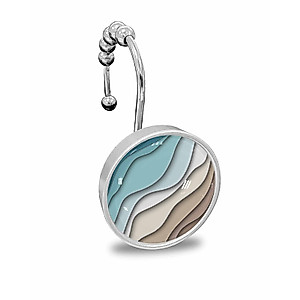 Turquoise Brown Cream Shower Curtain Hooks, Beach Geometric Gradient Striped Teal Decorative Shower Curtain Hooks for Bathroom Abstract Modern Stainless Steel Rustproof Shower Curtain Rings Set of 12