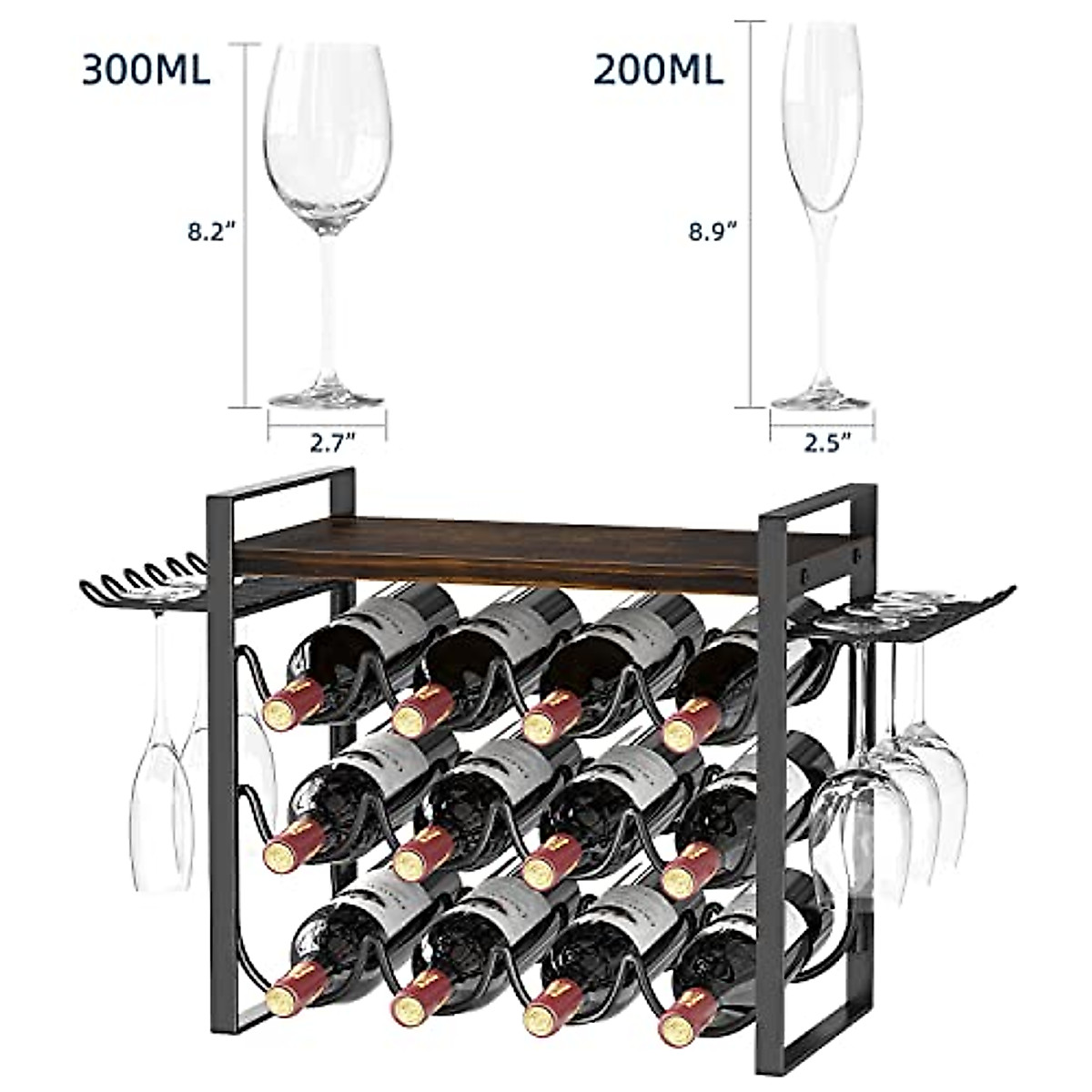 JAFUSI Wine Rack with Glass Holder, Countertop Wine Rack Metal Frame, Wine Holder Stand with Wooden Tray, Bottles Rack for Home Decor Kitchen Storage (Hold 12 Bottles and 4-6 Glasses)