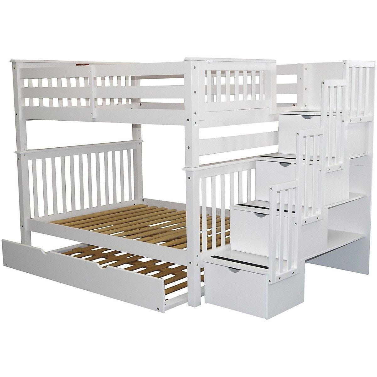 Bedz King Stairway Bunk Beds Full over Full with 4 Drawers in the Steps and a Full Trundle, White
