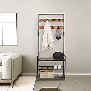 HOMEKOKO Coat Rack Shoe Bench, Hall Tree Entryway Storage Bench, Wood Look Accent Furniture with Metal Frame, 3-in-1 Design (Rustic Brown)