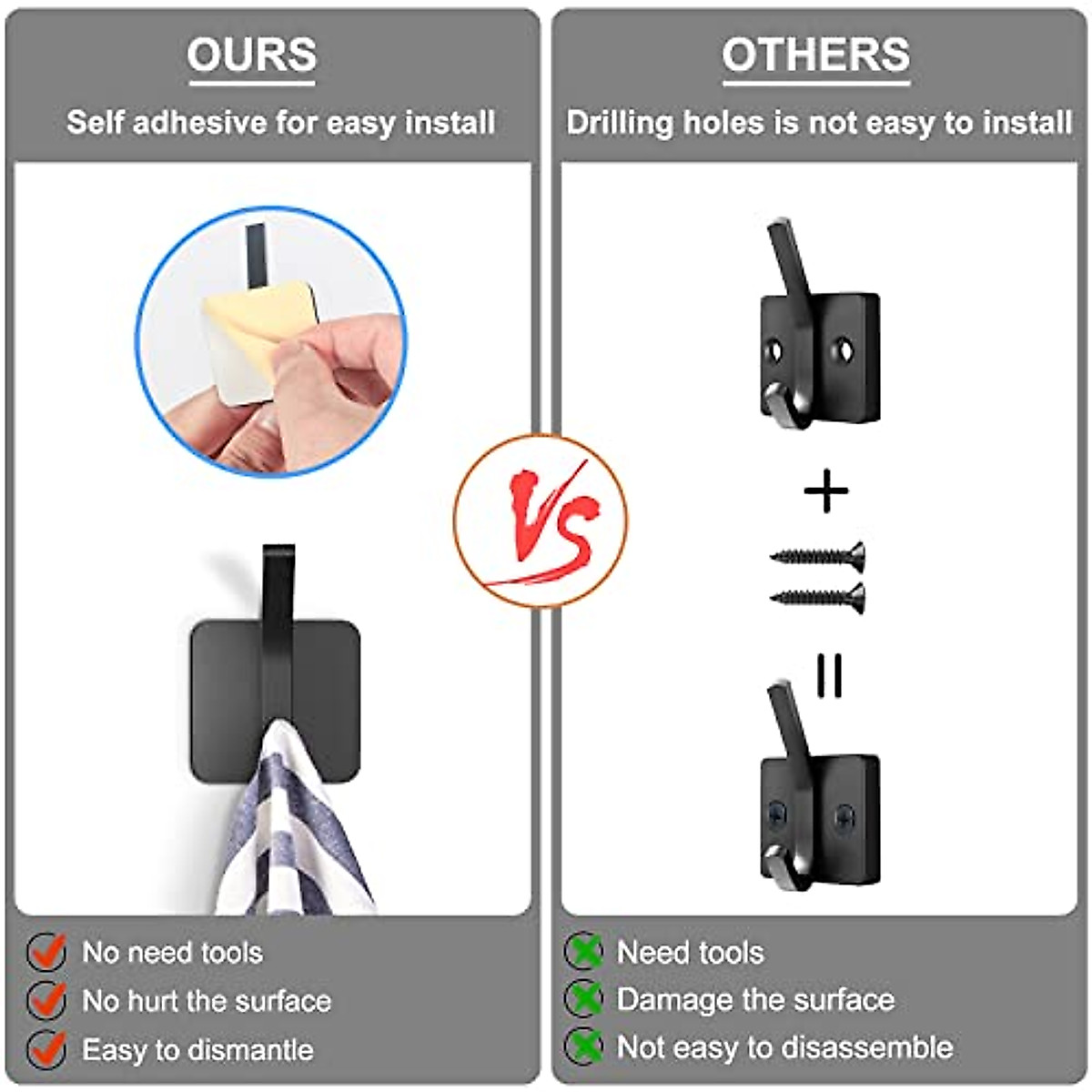 Adhesive Towel Hooks for Bathrooms，Heavy Duty Wall Hooks for Hanging Robe,Coats,Keys,Handbag,Waterproof Aluminum Sticky Hooks for Home,Bedroom,Hallways,Entrance,Kitchen,Office- Black 4 Pack