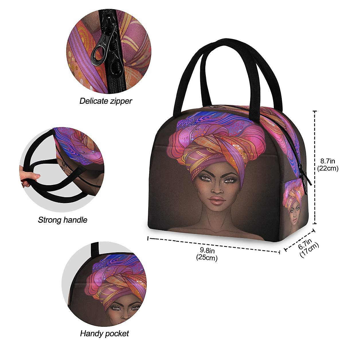 OREZI African American WomanLunch Bag Insulated Lunch Box Tote Bag Durable Thermal Snacks Organizer for Women Girl School Work Picnic Hiking Beach Fishing