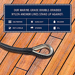 Rainier Supply Co. Boat Anchor Line - 100 ft x 1/2 inch Anchor Rope - Double Braided Nylon Anchor Boat Rope with 316SS Thimble and Heavy Duty Marine Grade Snap Hook - Black