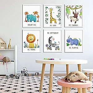 Baby Nursery Decor - Nursery Wall Decor for Baby Room - Jungle Safari Animal Unframed Wall Art -Set of 6 Posters 8x10 - Lion, Giraffe, Elephant, Monkey, Zebra, Hippo with Inspirational Quotes for Boy Girl Toddler Kids
