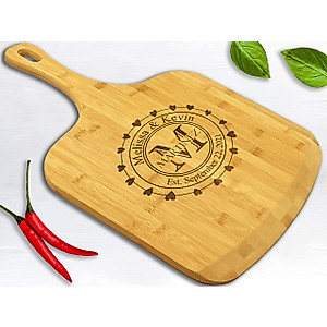 Personalized Bamboo Pizza Board with Handle Customized Wood Serving Cutting Pizza Board with Engraved Custom Name Monogram – Wedding, Anniversary, Housewarming, Birthday, Mom, Dad Gift