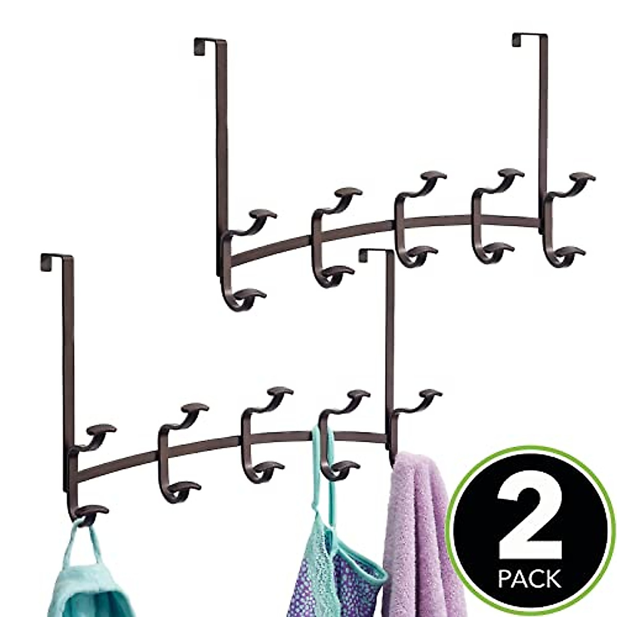 mDesign Decorative Metal Over Door 10 Hook Storage Organizer Rack for Coats, Hoodies, Hats, Scarves, Purses, Leashes, Bath Towels, Robes, Clothing - Hydra Collection - 2 Pack - Bronze