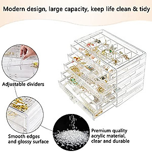 Weiai 90 Grids Adjustable Dividers Acrylic Jewelry Organizer, 5 Drawers Clear Jewelry Box Large Enough to Store Earrings Rings