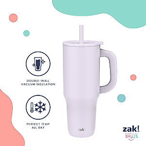 Zak Designs Sutton Travel Tumbler for On the Go, 40oz Stainless Steel with Vacuum Insulation, Silicone Straw, and Carry Handle for Cold Drinks (Cream White)