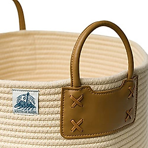 South of Maine Large Blanket Basket with Vegan Leather Handles. Cotton Rope Basket for Blankets, Laundry, Toys, Throw Pillows, Towels. Large Storage Basket for Living Room, Bedroom, Nursery. 14.5x16"