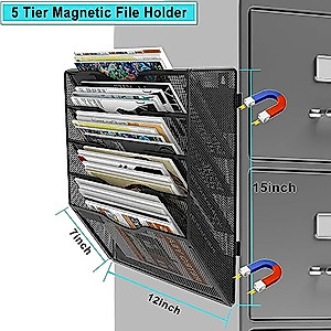 LQPAFZ 5 Tier Magnetic File Holder - for File Cabinets, Refrigerator, Whiteboard, Office, No Drilling Installation Large Capacity Black Magnetic File Holder