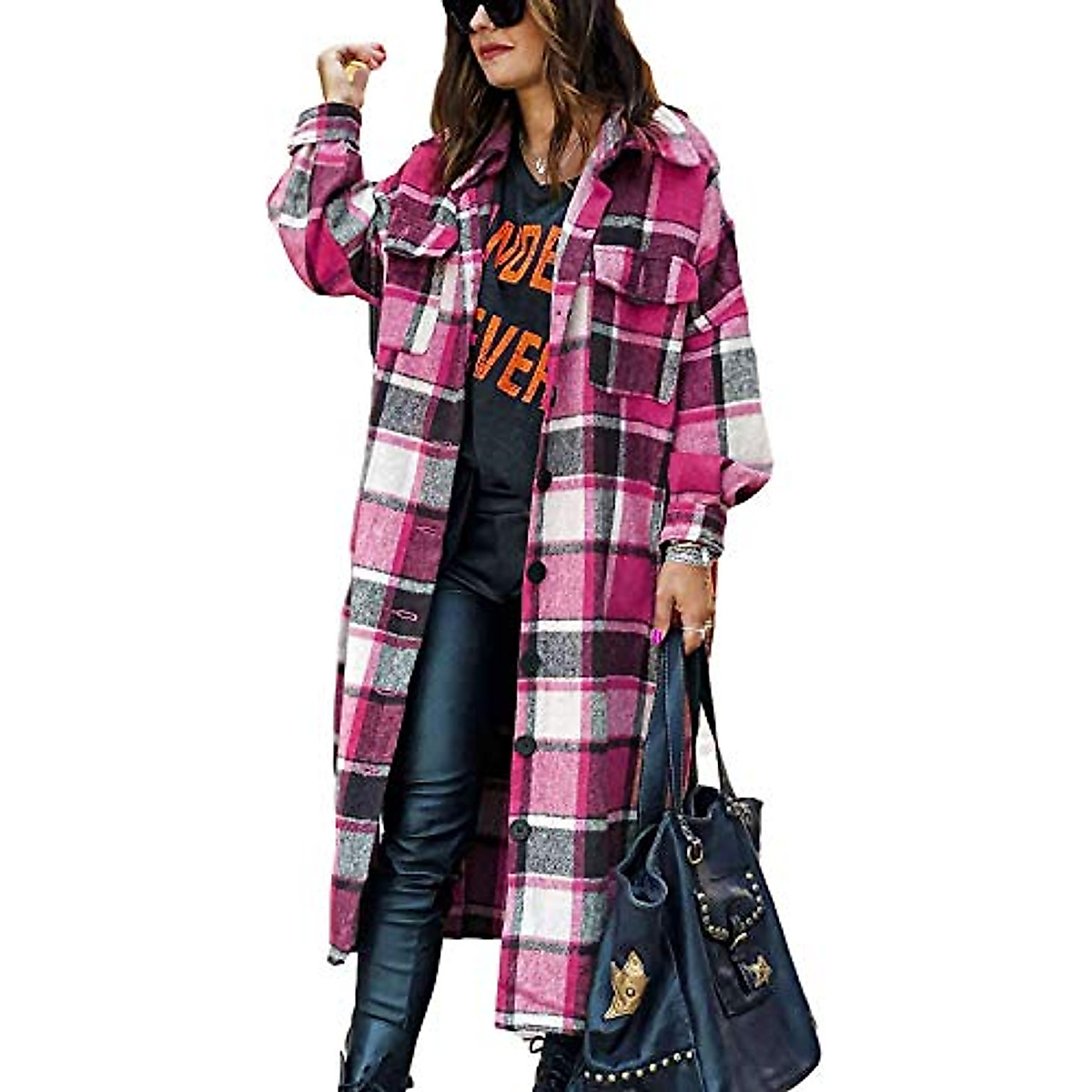 Omoone Women's Lounge Lapel Button Up Long Sleeve Plaid Long Shirt Jacket Shacket(O1766-RoseRed-XXL)