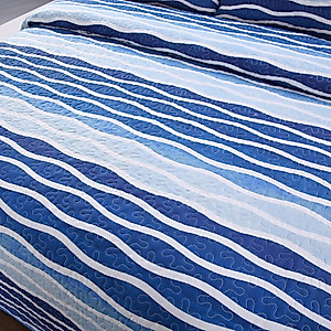 SLPR Blue Wave 2-Piece Quilt Set - Twin Size with 1 Sham, Coastal Beach House Bedding with Nautical Wave Design for Kids, Summer Ocean Waves Quilted Bedspread in Beachy Theme