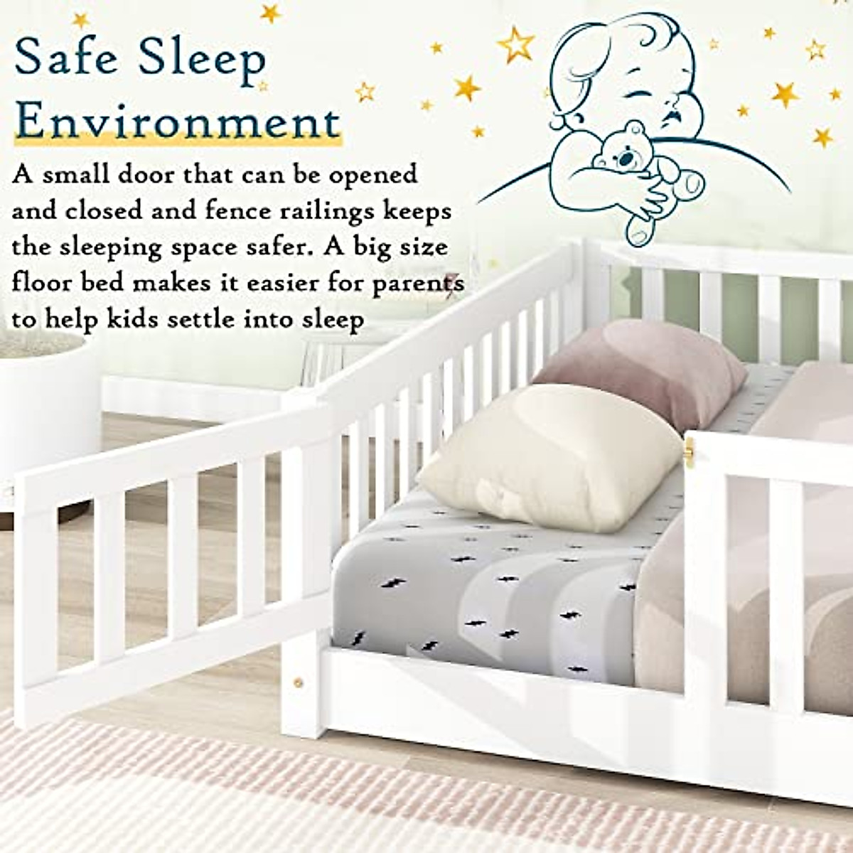 Tatub Full Size Floor Bed with Safety Guardrails, Door and Slats, Montessori Floor Bed Frame, Wood Montessori Floor Bed for Kids, Girls and Boys, Full-White