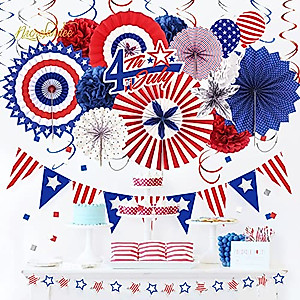 NICROLANDEE 4th of July Decorations, 32PCS Red White Blue Patriotic Party Decor, Flag of Paper, Fans, Pom Poms, USA Party Supplies for Independence Day, Labor Day, Presidents Day
