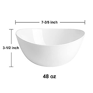 Honla 48 oz Large Salad Bowls,Set of 4 Big Plastic Bowls for Cereal,Pasta,Popcorn,Snacks,Serving Side Dishes,Dinner Parties,Oval Shape,White