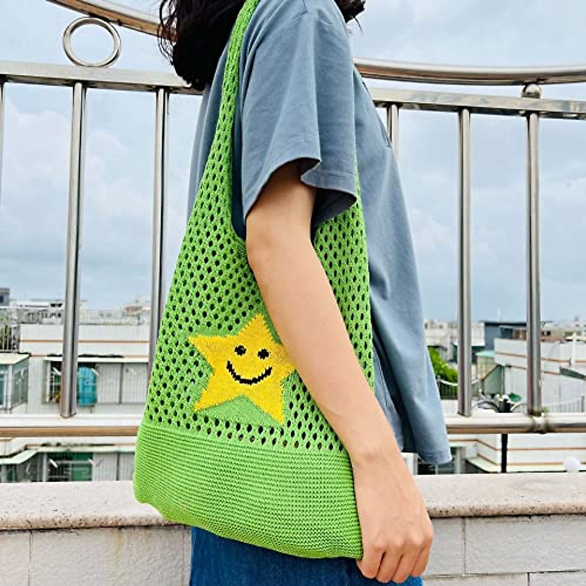 Fairycore Hobo Bag Y2K Fairy Grunge Star Crochet Tote Bag Aesthetic Indie Shoulder Handbags Grunge Mesh Purse Accessory (Beige)