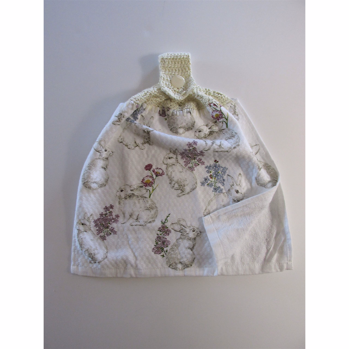 Cottage Bunny Lavender & Blue Floral Double Thickness Hanging Easter Kitchen Towels - Ivory Cotton Crochet Top