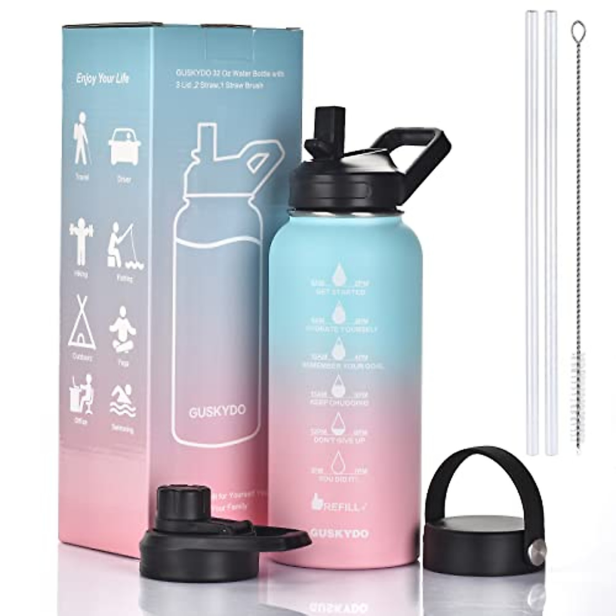 GUSKYDO 32 oz Vacuum Insulated Stainless Steel Water Bottle with Straw & Spout Lid -Leak Proof Water Bottle with Times Marker to Drink - Hot &Cold Double Wall Thermos Sports Water Flask (Pink/Blue)