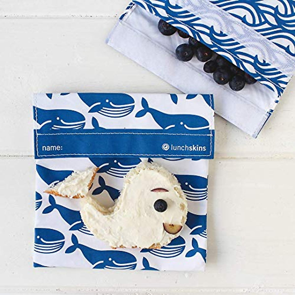 Lunchskins Reusable 2 Piece Food Storage Bag Set, 1 Sandwich Bag + 1 Snack Bag, Blue Whale