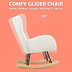 PrimeZone Comfy Rocking Chair for Nursery - Glider Chair with High Backrest, Armrests & Upholstered Pad, Bedroom Nursery Rocker Chair for Baby & Kids, Ivory White