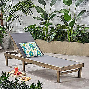 Christopher Knight Home Summerland Outdoor Mesh Chaise Lounge with Acacia Wood Frame, Grey Finish / Dark Grey Mesh