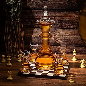 New Chess Decanter Set by The Wine Savant - Queen Chess Decanter 750ml 12" H With 4 Rook Shot Glasses 4oz - Queen's Gambit, Chess Player Gifts, Whiskey, Wine Lovers!
